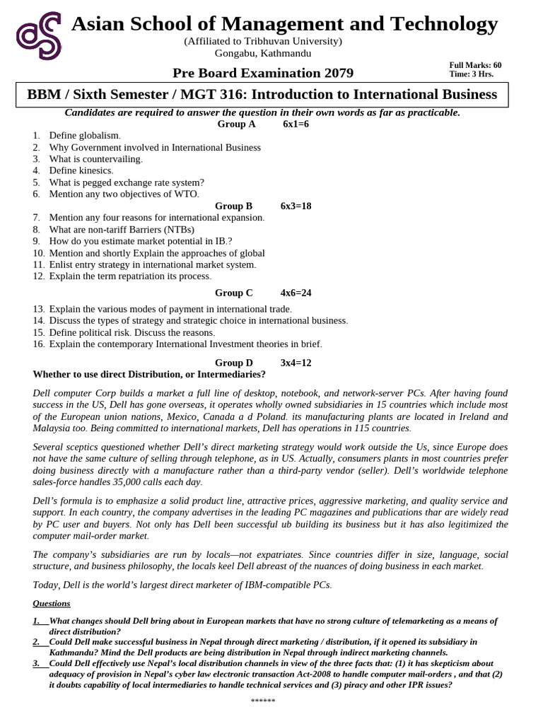 International Business Exam Questions 2079 | PDF | Dell | Personal ...