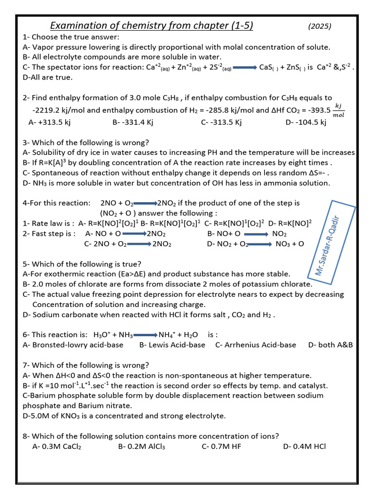 new exam ch1-5 | PDF | Chemical Reactions | Dissociation (Chemistry)