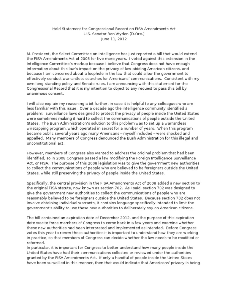 Wyden Hold Statement For Congressional Record On FISA Amendments Act ...