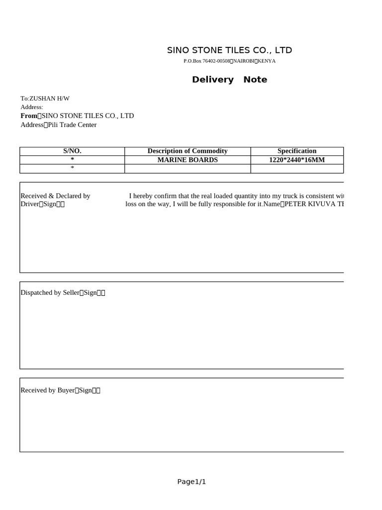 Delivery Note for Marine Boards Shipment | PDF