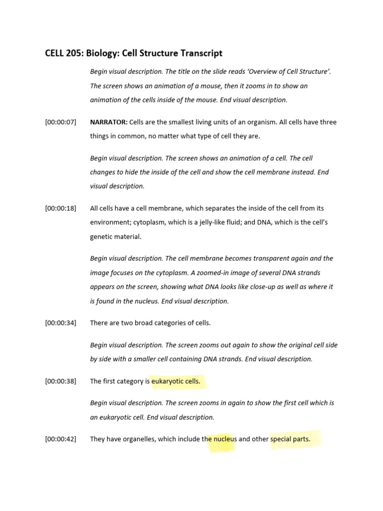 CELL 205 Biology Cell Structure Transcript Final | PDF | Cell (Biology ...