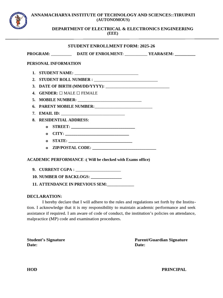 EEE Student Enrollment Form 2025-26 | PDF