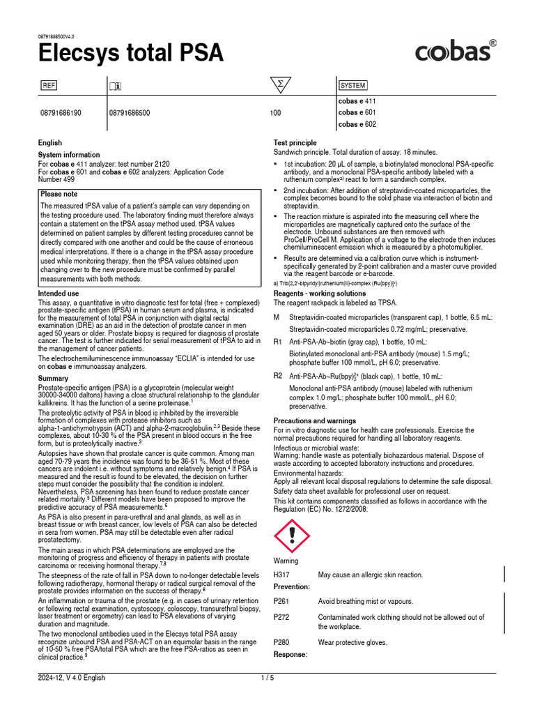 Insert.elecsys Total PSA.08791686500.V4.En | PDF | Prostate Specific ...
