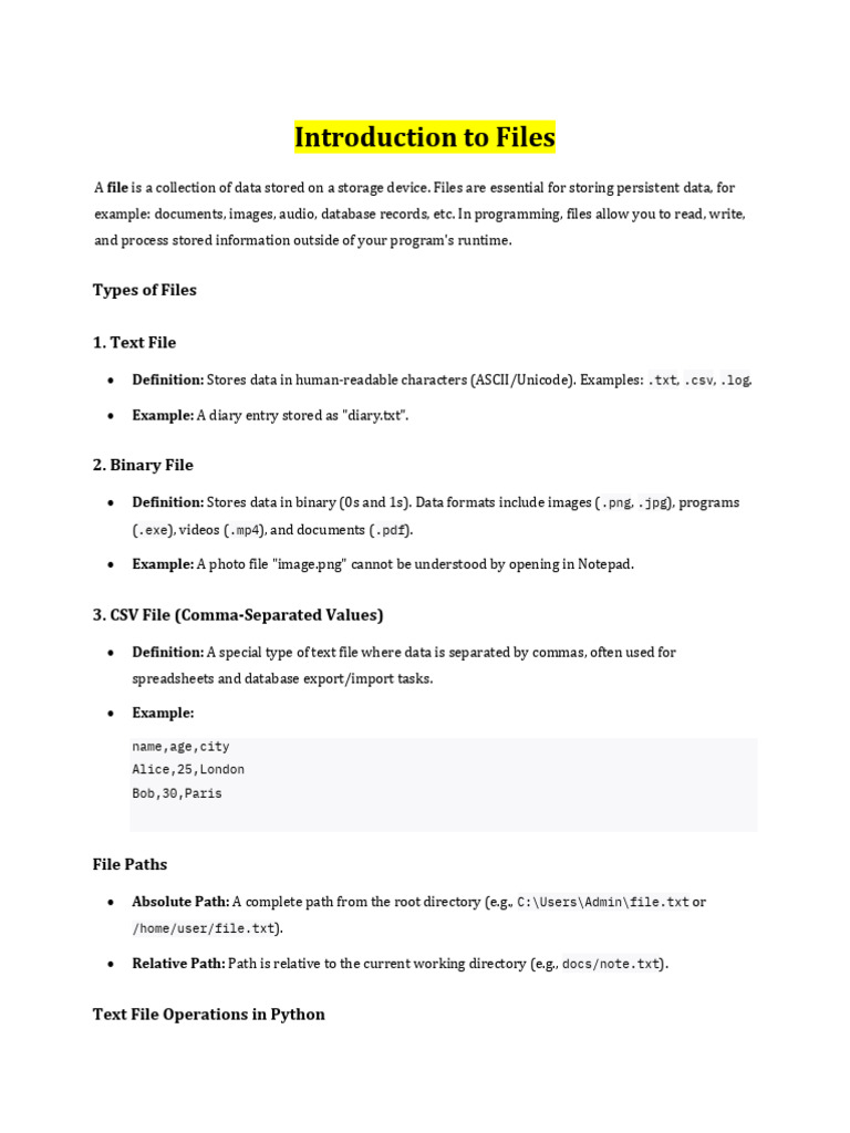 Introduction to Files Class XII CS | PDF | Text File | Comma Separated ...