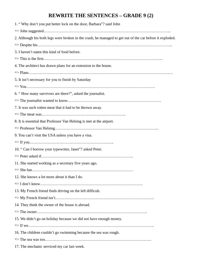 Grade 9 Sentence Rewrite Exercises | PDF