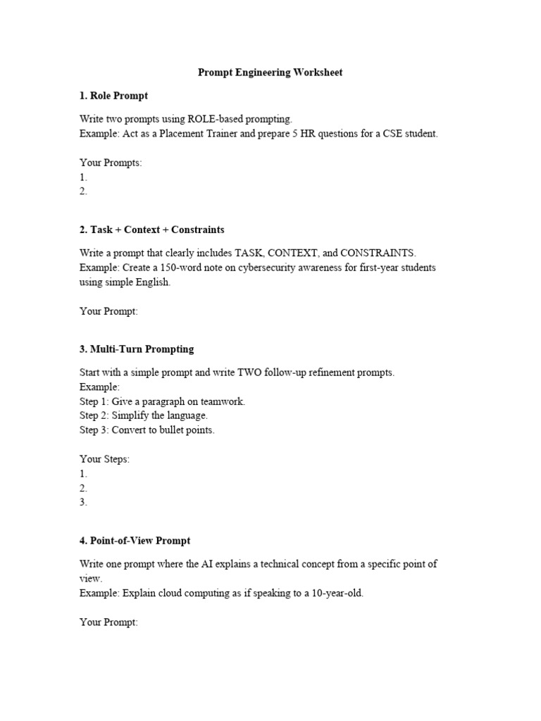 Prompt Engineering Worksheet | PDF