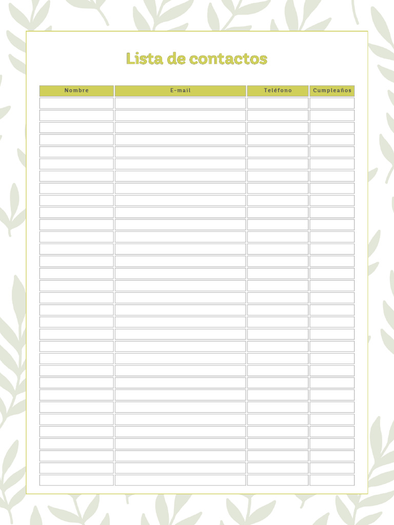 Documento Lista de Contactos Plantas Minimalista Verde y Blanco | PDF