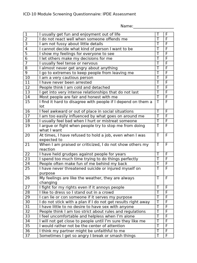 ICD-10 PD Questionnaire | PDF | Psychology | Psychological Concepts