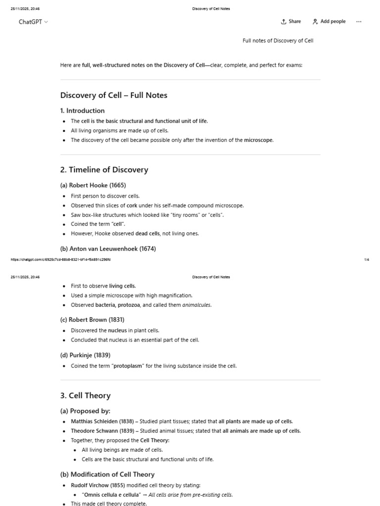 Discovery of Cell: Key Notes & Timeline | PDF | Cell (Biology) | Microscopy