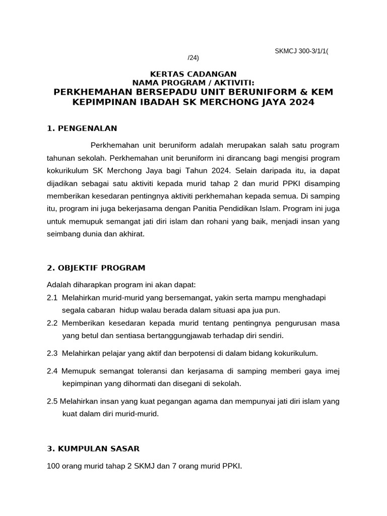 Kertas Kerja Perkhemahan SKMJ 2024 | PDF