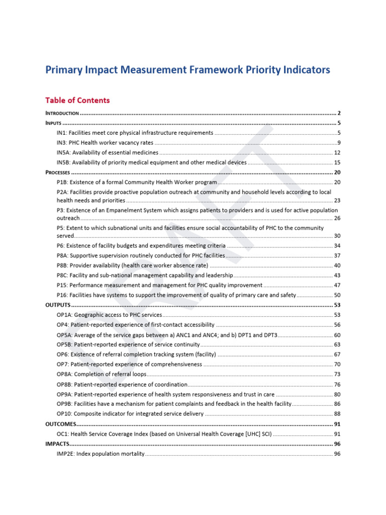 Primary Impact Measurement Framework - Core Indicators - PIRS - DRAFT ...