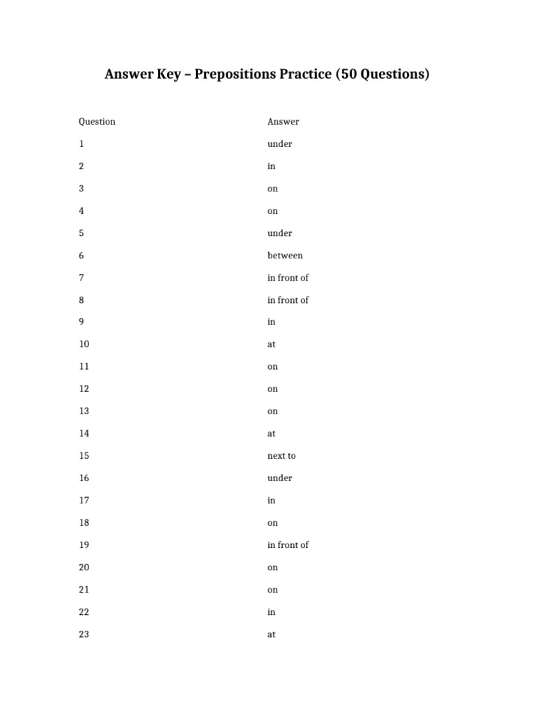 Prepositions Practice Answer Key | PDF