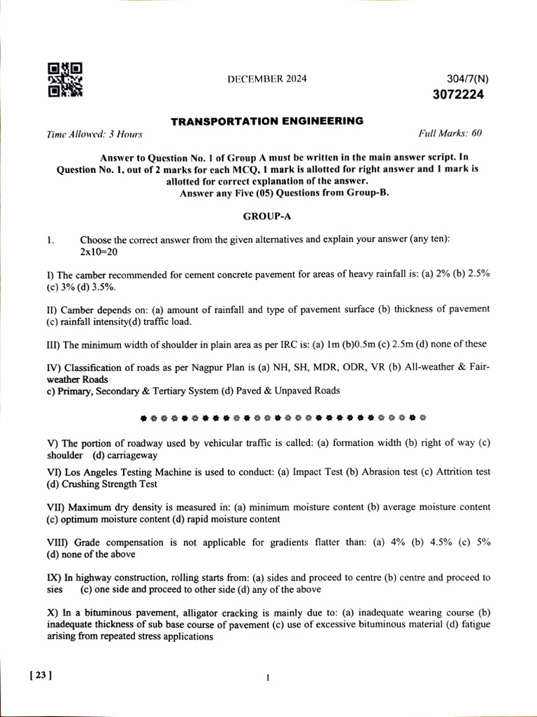 Transportation Engineering Exam Guide | PDF | Road | Road Surface