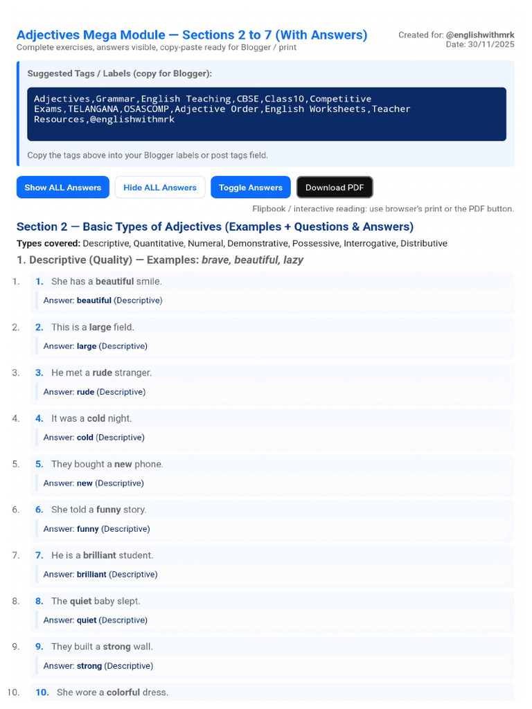 Adjectives Mega Module Sections 2-7 | PDF