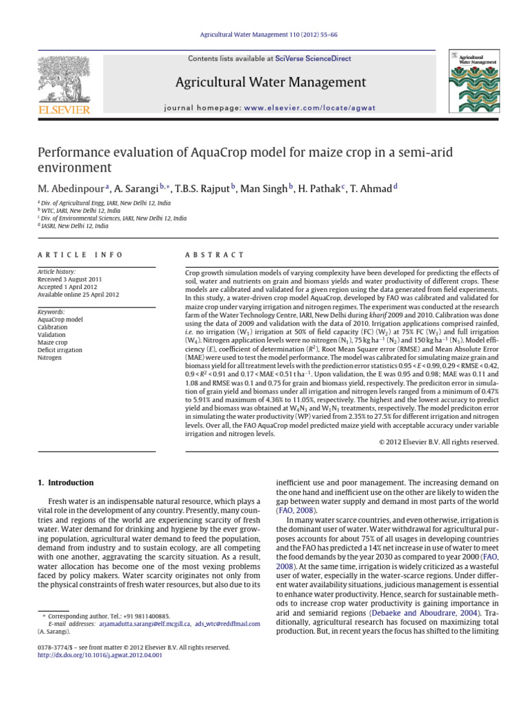 Performance Evaluation of AquaCrop Model | PDF | Horticulture ...