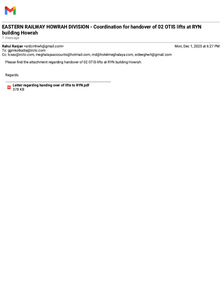 Gmail - EASTERN RAILWAY HOWRAH DIVISION - Coordination For Handover of ...