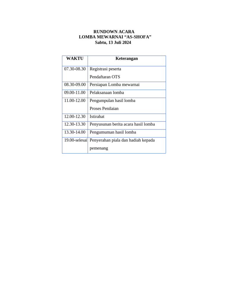 Rundown Lomba Mewarnai As-Shofa 2024 | PDF