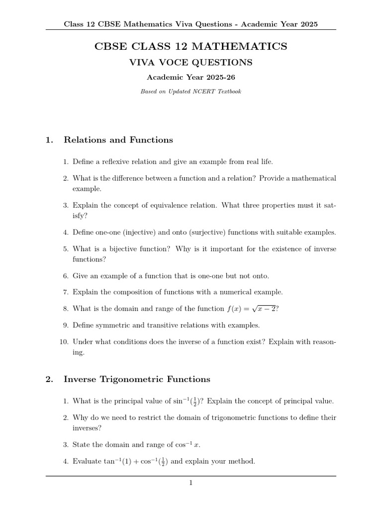 Class 12 Maths Viva Questions | PDF | Function (Mathematics) | Matrix (Mathematics)