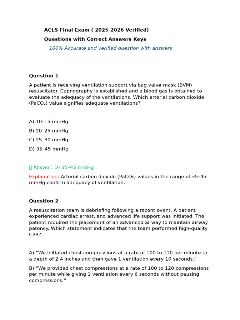 ACLS Final Exam Questions & Answers 2025-2026 | PDF | Cardiac Arrest ...