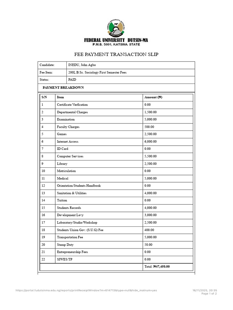 Print Fee Payment Transaction - Federal University, Dutsin-Ma | PDF ...