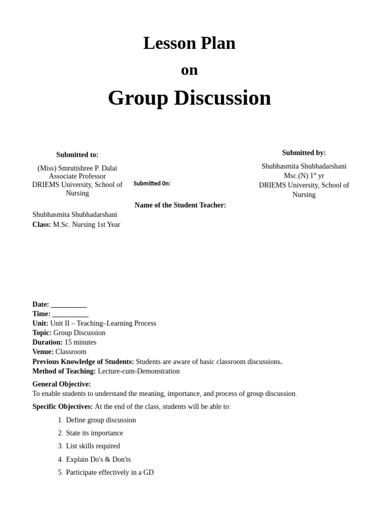 Group Discussion Lesson Plan for Nursing | PDF | Lesson Plan | Teachers