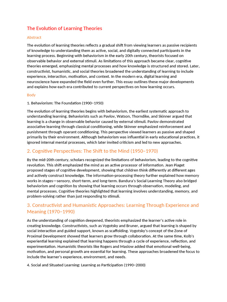 Evolution of Learning Theories Explained | PDF | Learning Theory ...