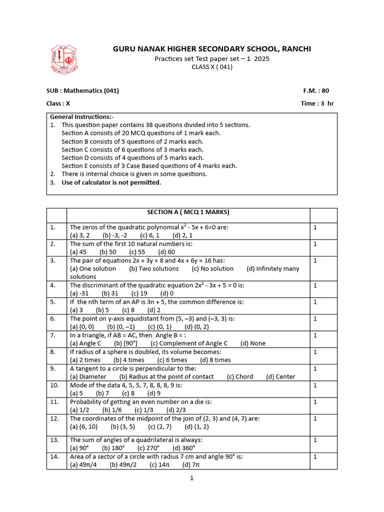 Class 10 Prctice Paper Set 1 | PDF | Sphere | Circle
