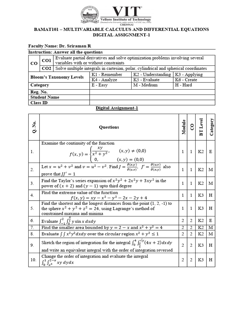 Digital Assignment-1 | PDF | Integral | Mathematical Analysis