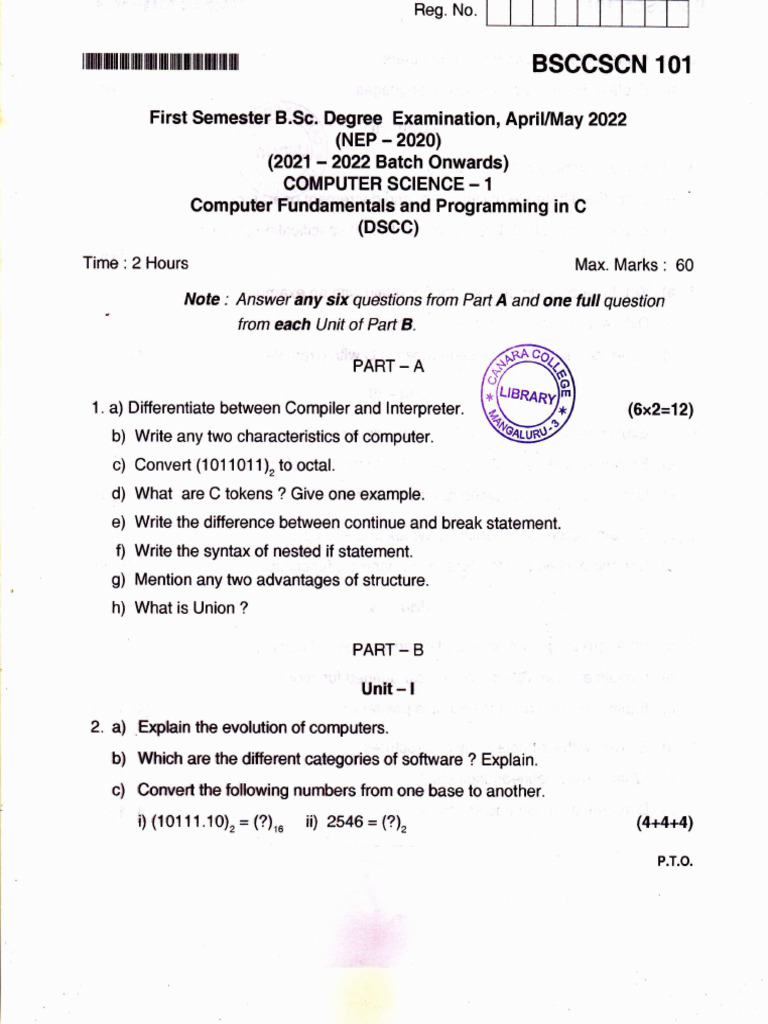 B.sc I Sem Computer Science | PDF | Pointer (Computer Programming) | Computer Engineering