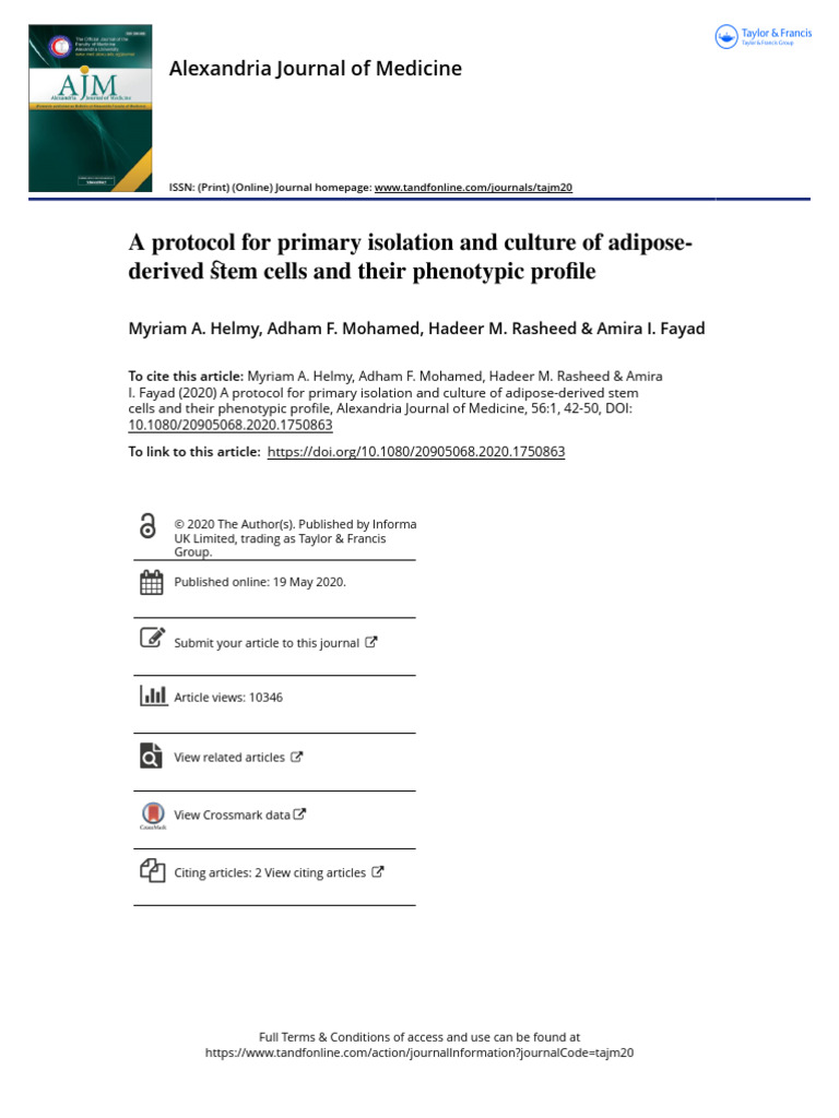 A Protocol For Primary Isolation and Culture of Adipose-Derived Stem ...