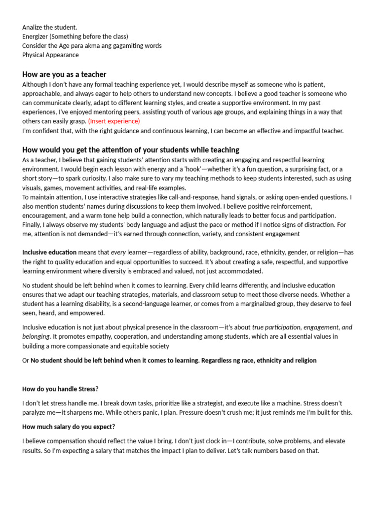 Script for Interview | PDF | Inclusion (Education) | Learning