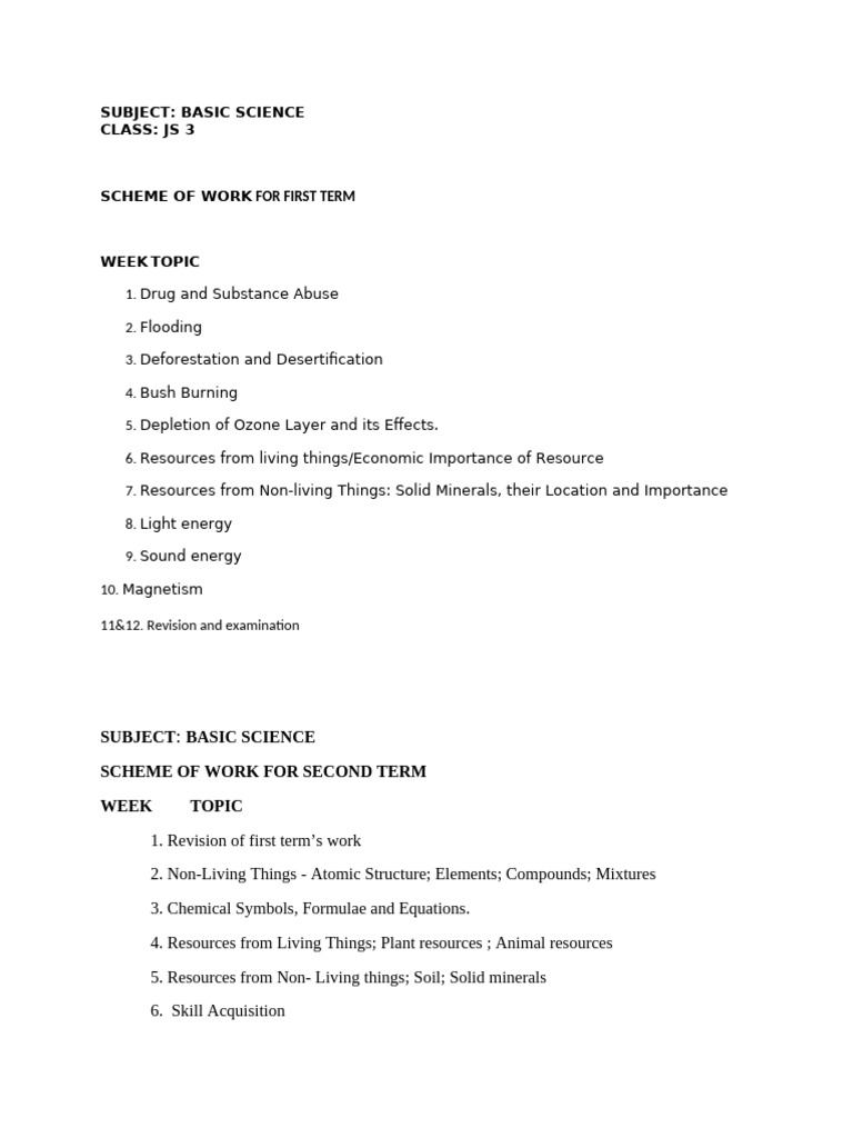Js3 Scheme of Work Subject - Basic Sciencewps Office | PDF
