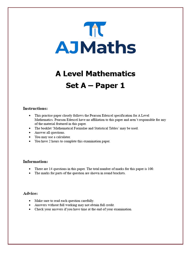 A Level Maths Practice Paper Set A | PDF | Circle | Pi