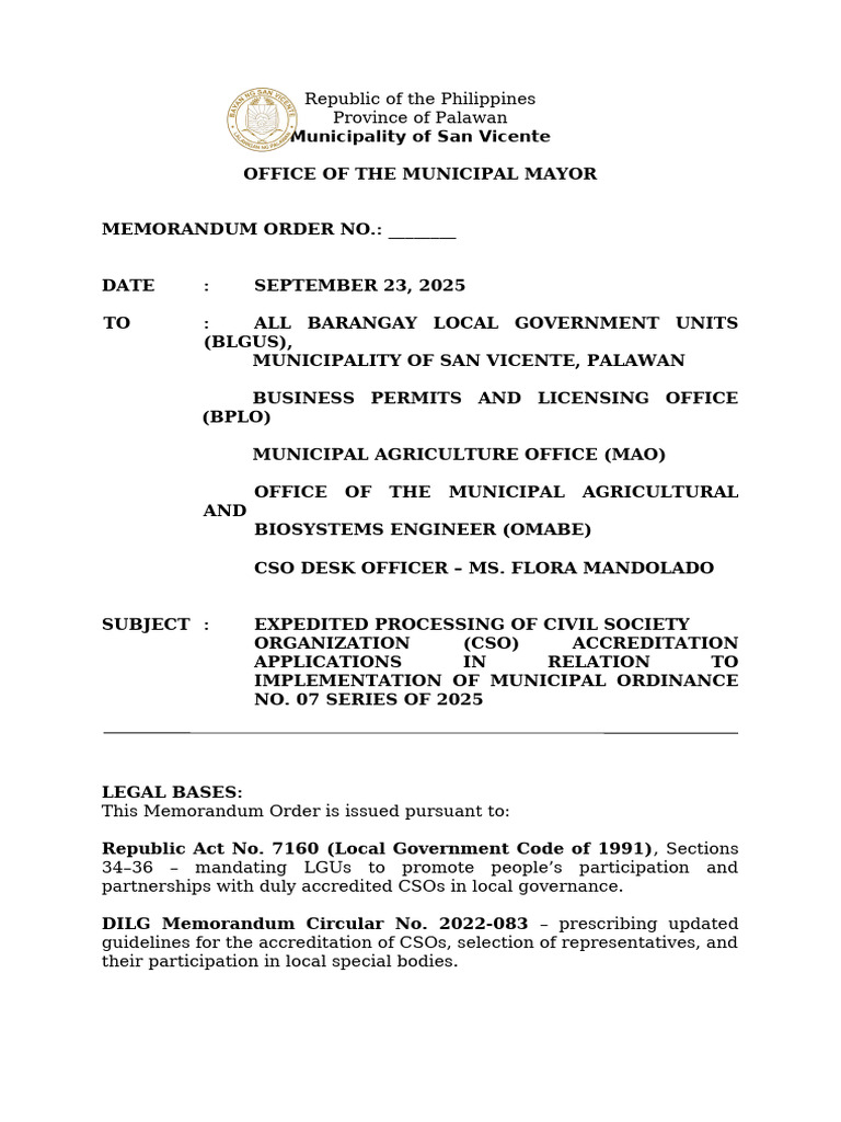 Memorandum Order-CSO Accreditation | PDF | Justice | Crime & Violence