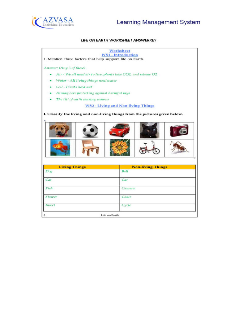 Worksheet Answerkey Life on Earth | PDF