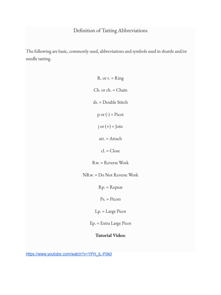 Definition of Tatting Abbreviations | PDF