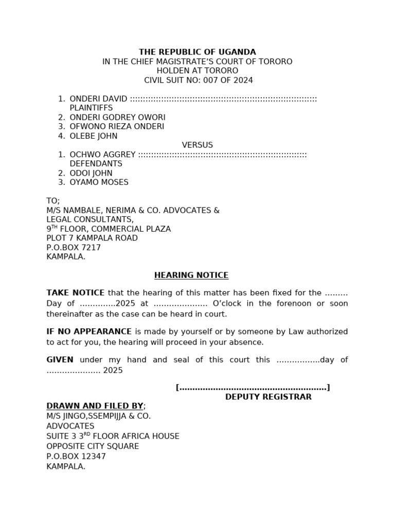 Hearing Notice for Civil Suit 007/2024 | PDF