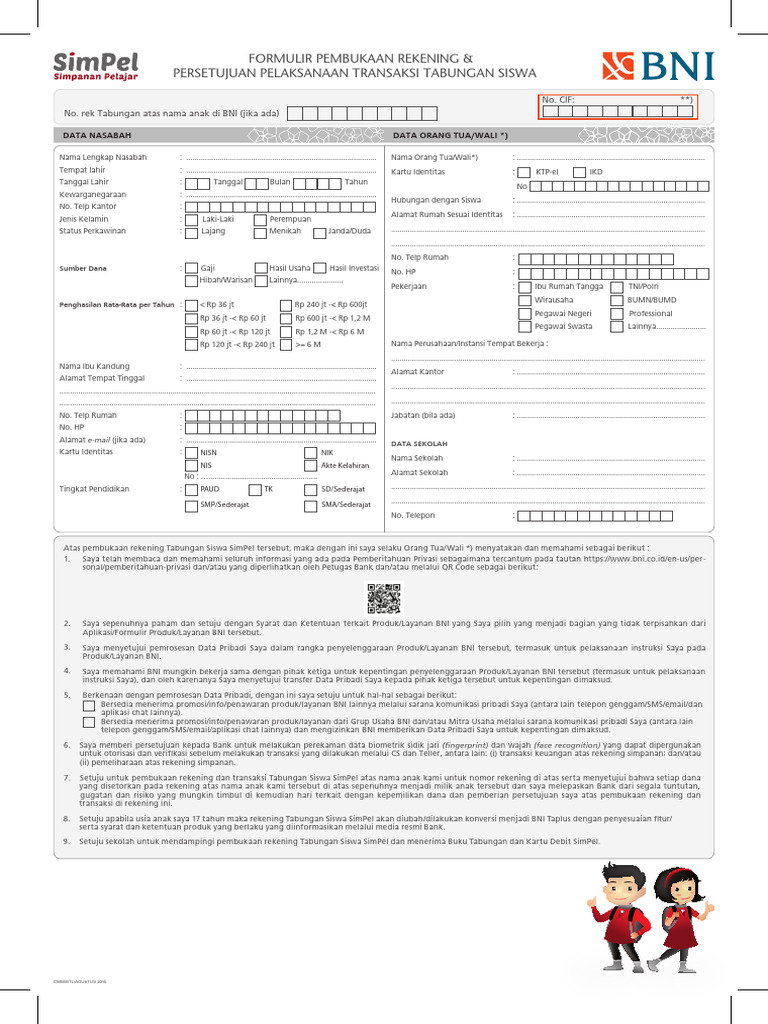 Formulir Pembukaan Rekening BNI SIMPEL 28 Mei 2025 | PDF