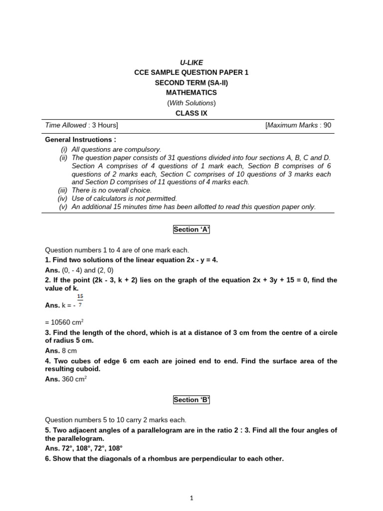 Class IX Mathematics Sample Paper SA-II | PDF | Area | Sphere