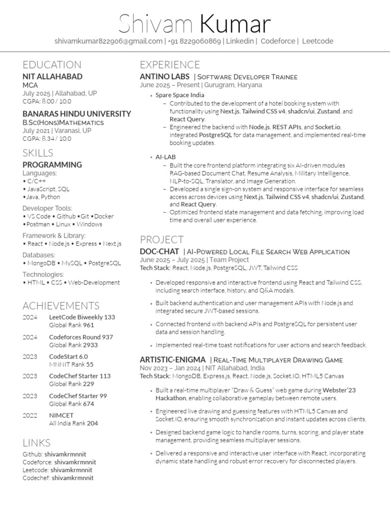 Shivam Kumar Resume | PDF | Postgre Sql | Computer Programming