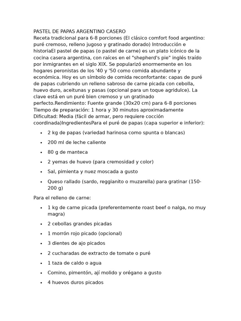 PASTEL DE PAPAS ARGENTINO CASERO | PDF | Pasteles | Carne