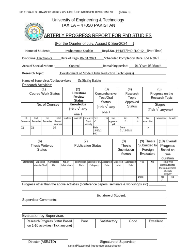 Quarterly Progress Report for PhD Studies-converted Sep- 2024 | PDF ...