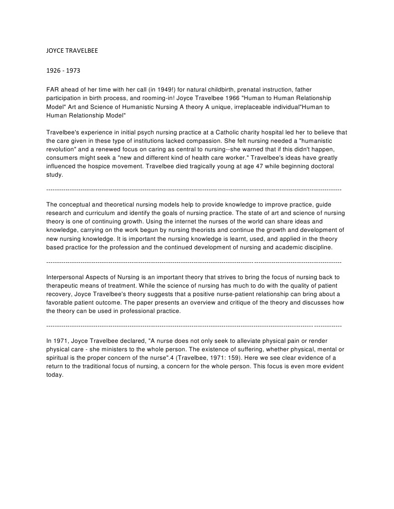 Joyce Travelbee's Humanistic Nursing Theory | PDF | Nursing | Theory