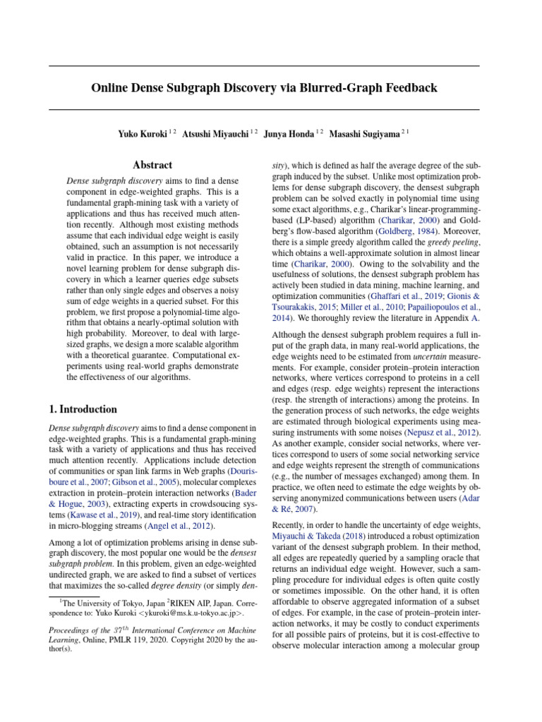 ICML2020 Online Dense Subgraph Discovery via Blurred-Graph Feedbackp | PDF | Mathematical ...