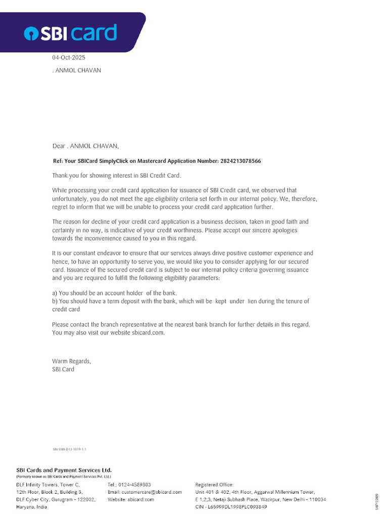 SBI Credit Card Application Decline Notice | PDF