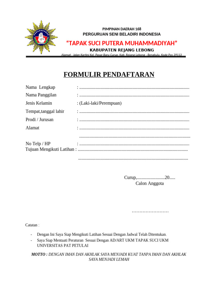 Formulir Pendaftaran Latihan Tapak Suci (UPP) | PDF