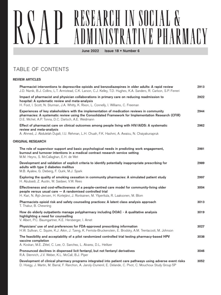 Table of Contents 2022 Research in Social and Administrative Pharmacy ...