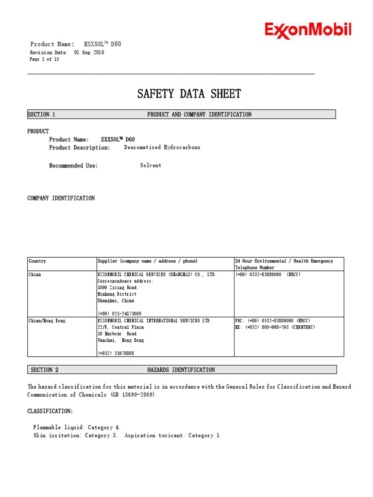 EXXSOL D60 Safety Data Sheet | PDF | Personal Protective Equipment ...