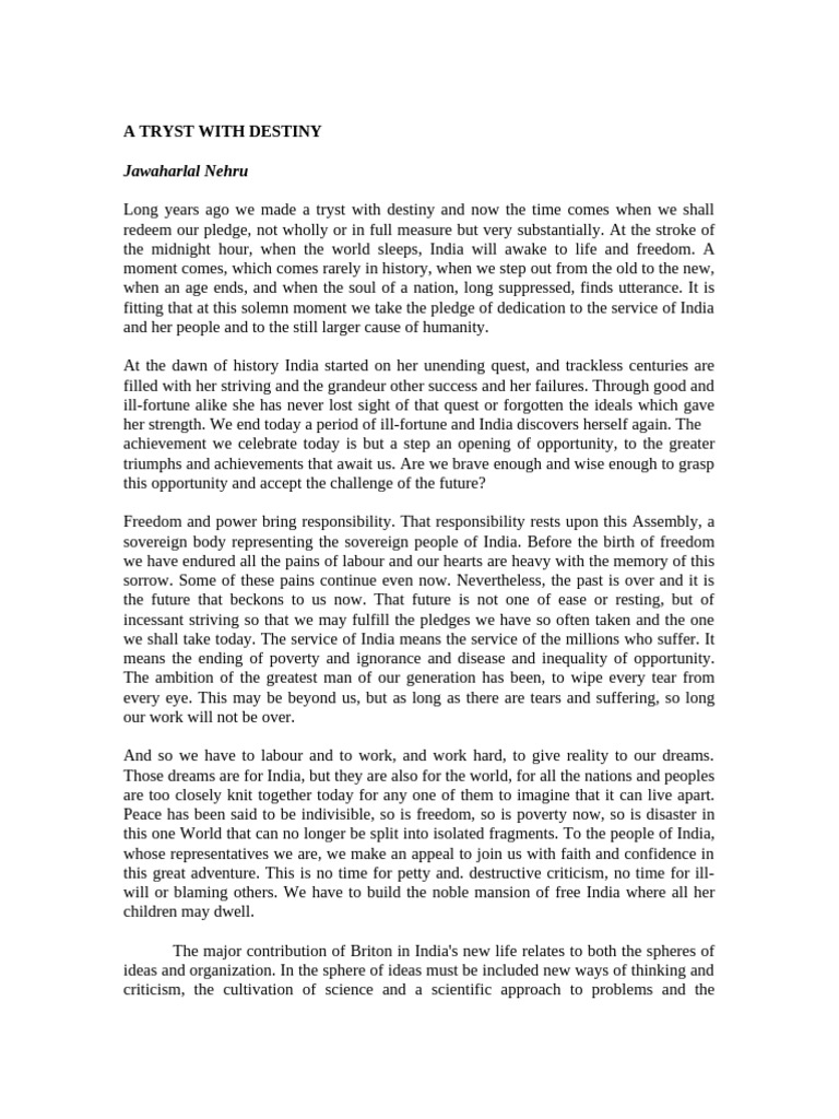 A Tryst With Destiny - Nehru | PDF | Jawaharlal Nehru