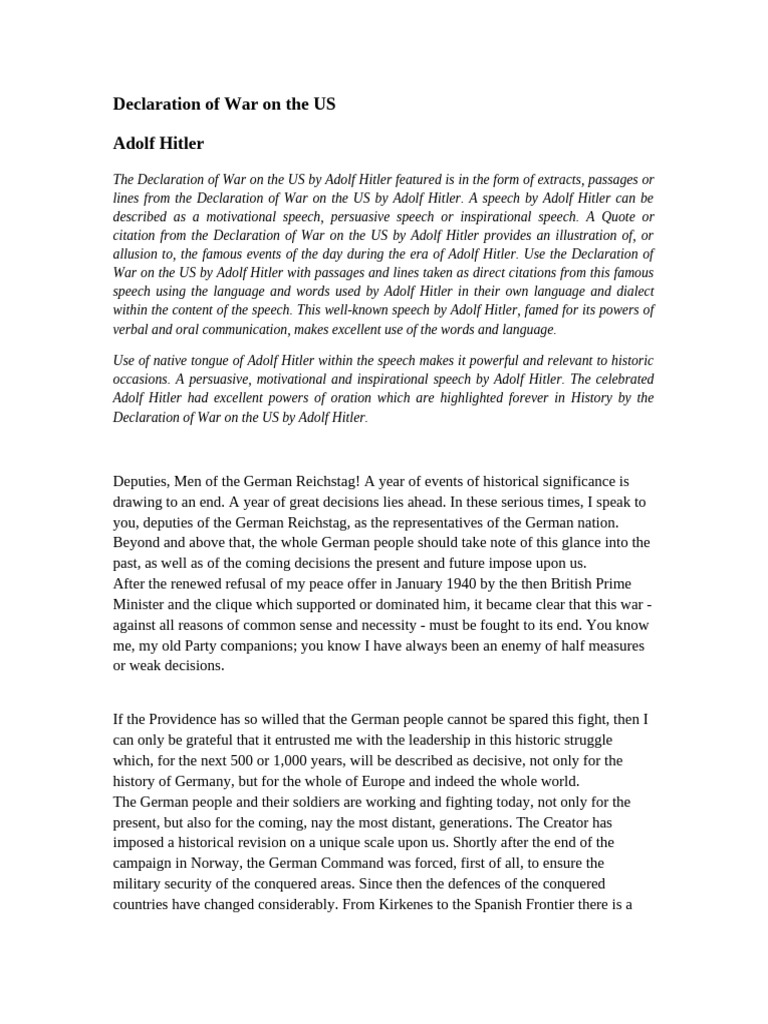 ADOLF HITLER Declaration of War On The US | PDF | Nazi Germany | Europe